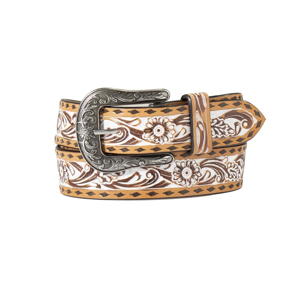 ANGEL RANCH LADIES BELT 1 1/2" HAND TOOLED FLORAL WHITE STAIN TAN ...