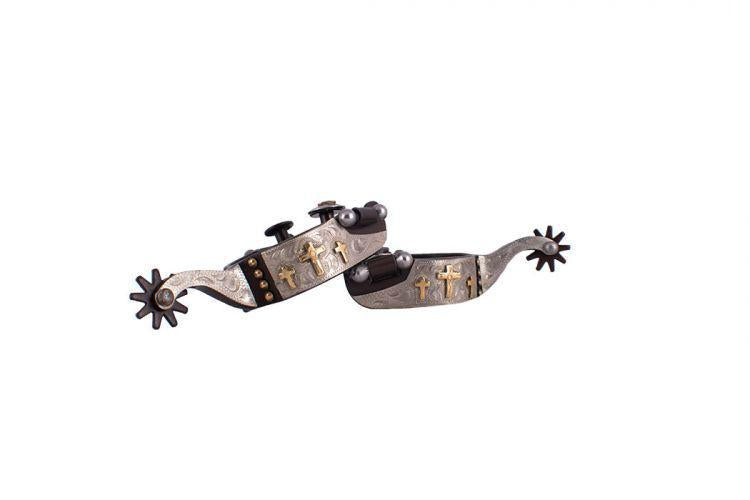 Youth size brown steel spur with brass crosses and brass studs with si ...
