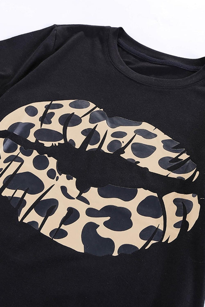 Black Modern Vintage Boutique Kiss On The Face Leopard Lip Tee – Trails ...